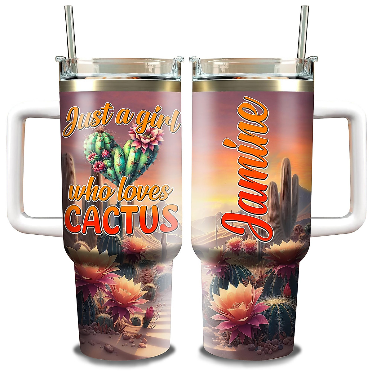 WAZONE Personalized Just A Girl Who Loves Cactus Tumbler 40oz with Handle and Straw Insulated Stainless Steel Tumblers Custom Coffee Cup Themed Gifts Holiday For Women Mothers Her Plant Lover