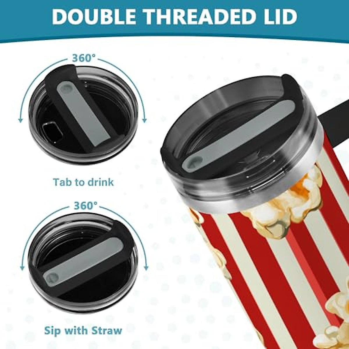 Selerdon 40 oz Tumbler Popcorn Red Striped with Handle and Straw Lid Vacuum Stainless Steel Insulated Water Bottle Travel Mug Car Cup Holder Friendly BPA Free for Gym Travel Office