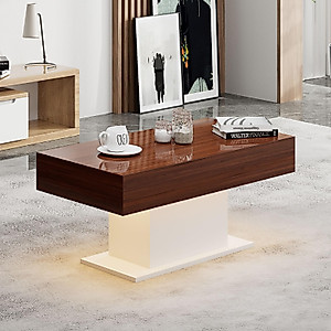 LED Coffee Table for Living Room, Modern High Glossy Coffee Table with 16 Colors LED Lights, Smart Cocktail Table Rectangle, Wooden Living Room Table (Natural)