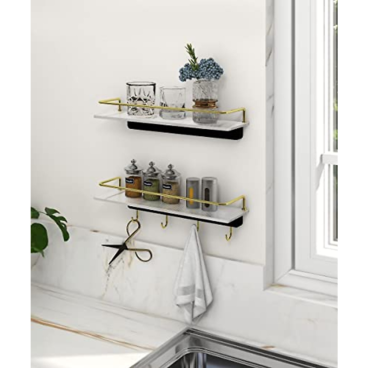 Mazjoaru Floating Shelves Acrylic Bathroom Shelves Set of 2, 16inch Wall Shelves with Gold Metal Towel Hook, Storage Shelves for Bathroom Living Room Bedroom