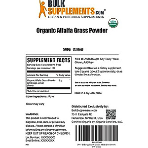 BULKSUPPLEMENTS.COM Organic Alfalfa Powder - Alfalfa Grass Powder - Alfalfa Organic Powder - Alfalfa Sprouts Supplement - Alfalfa Supplement - Green Superfood Powder (500 Grams - 1.1 lbs)