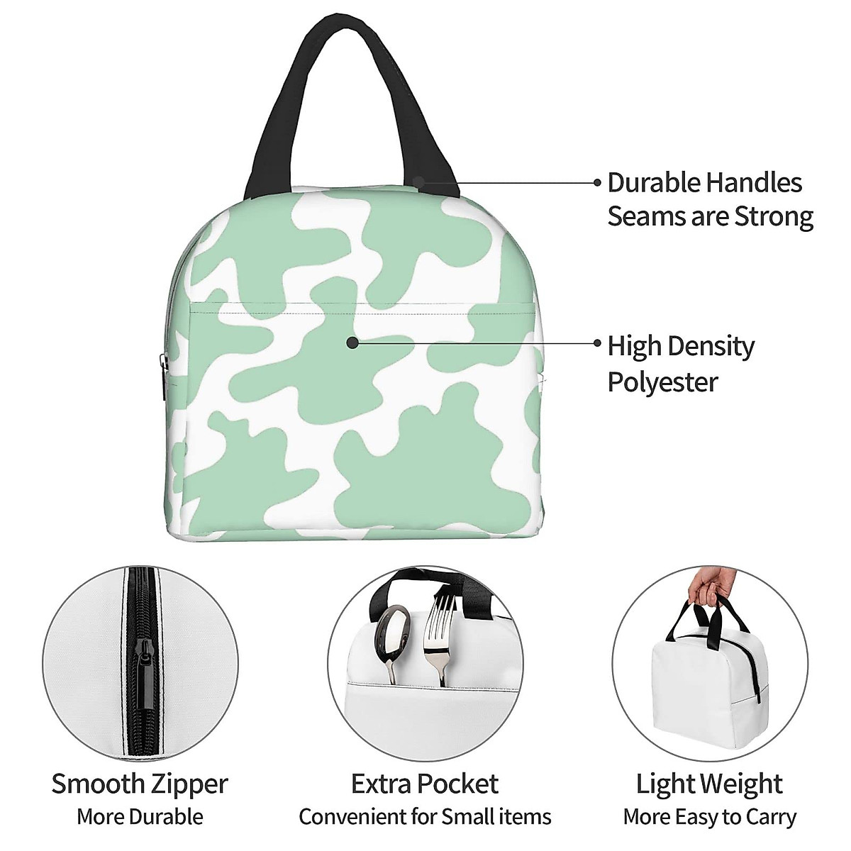 Senheol Mint Green Cow Lunch Box, Insulation Lunch Bag for Women Men, Reusable Lunch Tote Bags Perfect for Office Camping Hiking Picnic Beach Travel
