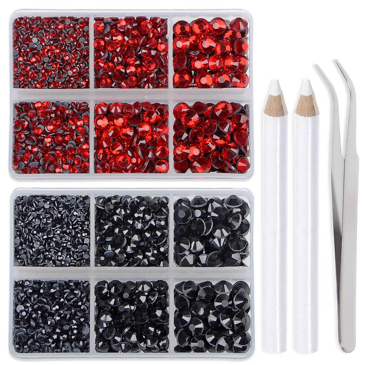 LPBeads 6400 Pieces Black and Red Hotfix Rhinestones Flat Back 5 Mixed Sizes Crystal Round Glass Gems with Tweezers and Picking Rhinestones Pen