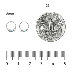 Handmade Silver 2Pcs 9MM Nose Ring Cartilage Helix Piercing Hoops with 2mm Blue Opal, 925 Sterling Silver Tiny 9MM Thin 22Gauge Hoop for women, by MiYa Jewelry