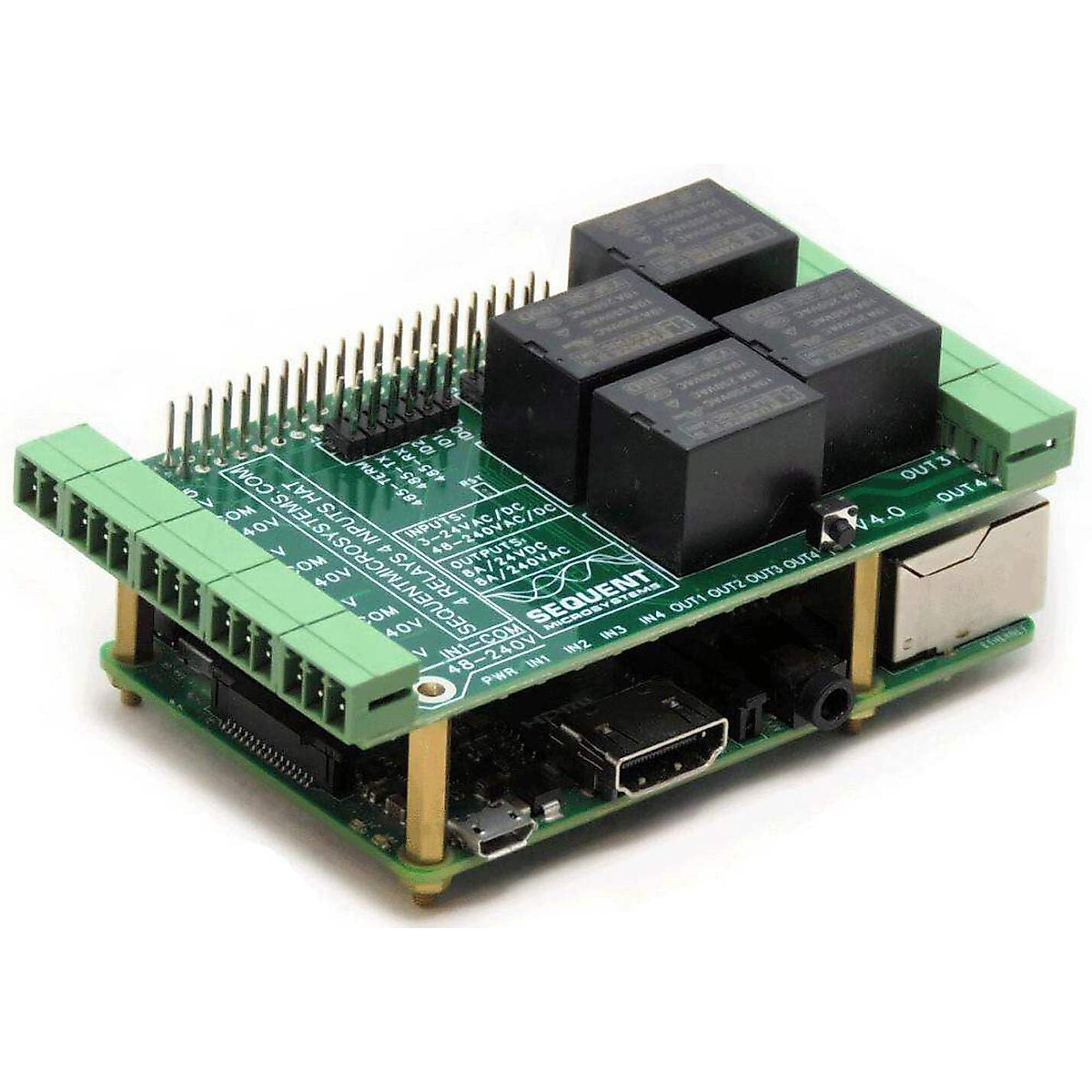 Sequent Microsystems Four Relays Four HV Inputs 8-Layer Stackable HAT for Raspberry Pi +5V