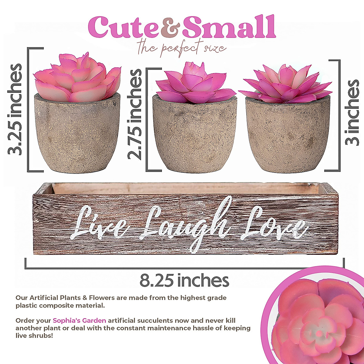 3 Small Fake Succulents Plants Artificial Rustic Centerpiece Box Faux Indoor Work Home Office Decor Women Cute Aesthetic Succulent Plant Desk Bedroom Coffee Table Decorations Living Room Dorm Décor