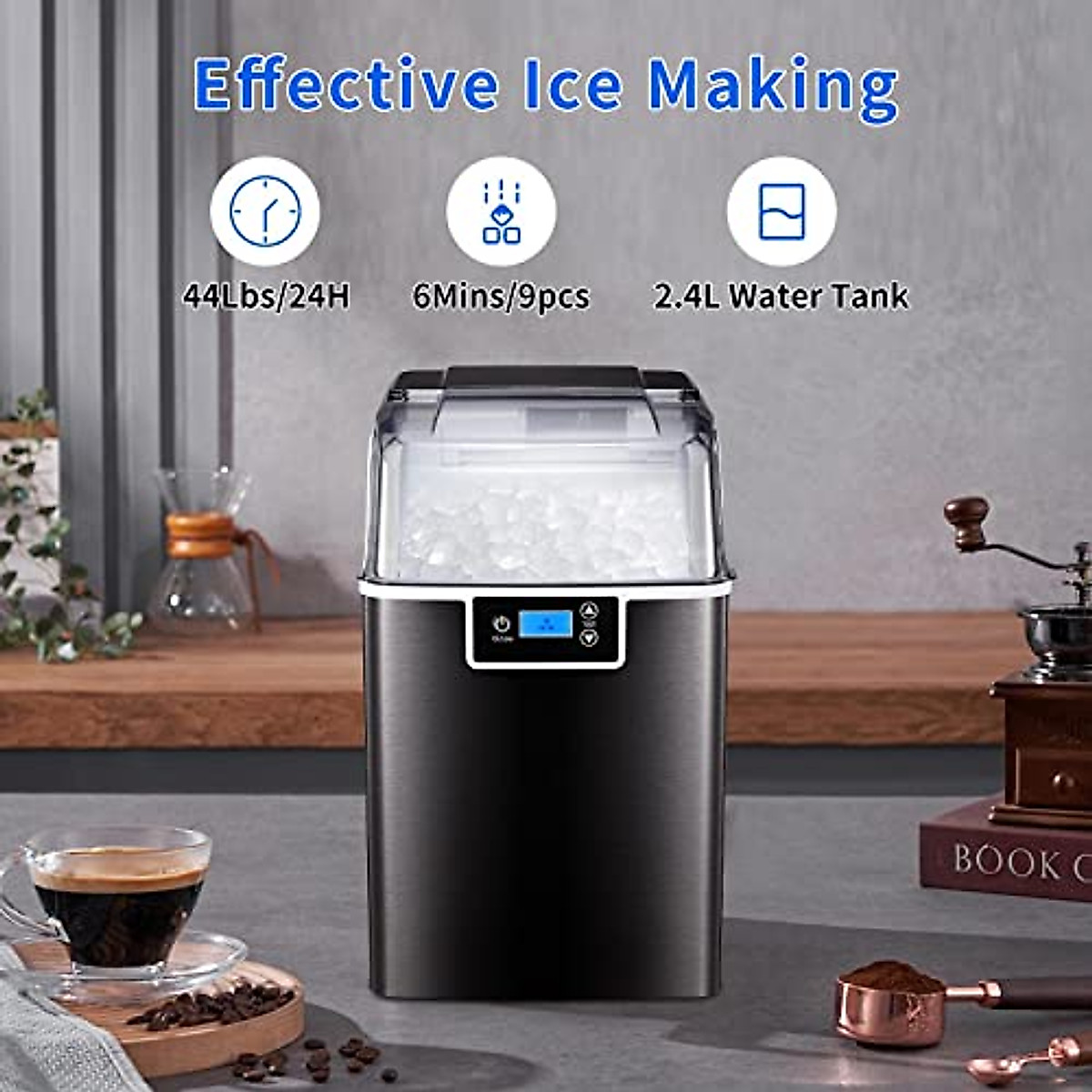 Nugget Ice Maker Countertop with Soft & Chewable Pellet Ice Crushed ice Countertop Portable Pellet Ice Machine 44Lbs/24H, 2 Minutes per Round and 45dB for Home/Kitchen/Office/Bar/Party