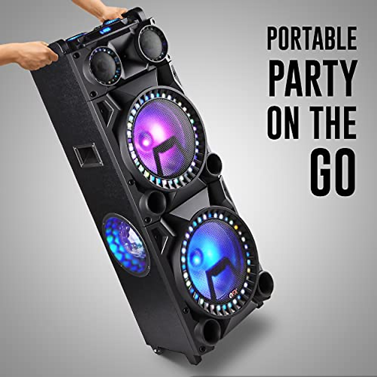 QFX PBX-1212 Bluetooth Rechargeable Dual 12” Woofer with 1” Tweeter Speaker System with Microphone Input, Guitar Input, Aux Input, USB Port, SD Card Port, TWS, Recording, FM Radio, LED Party Lights