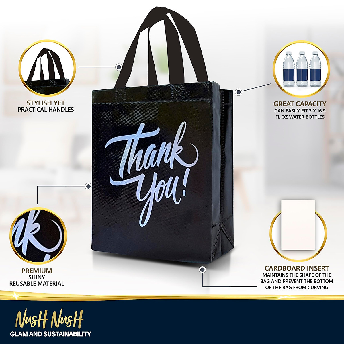 Nush Nush Thank You Gift Bags Bulk Medium – Set of 12 Reusable Thank You Bags From Six Vibrant Colors With a Premium Finish - Perfect As Goodie Bags, Birthday Bags, Party Favor Bags – 8x4x10 Size
