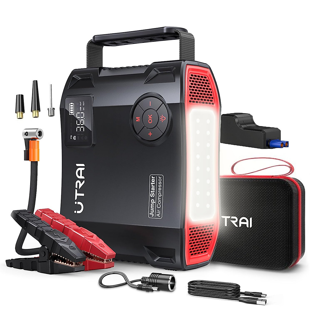 Car Jump Starter with Air Compressor, UTRAI Portable Car Battery Jump Starter 5000A Peak 12V Car Battery up to Jump Box All Gas/ 8.0L Diesel with Tire Inflator, DC 160W Jump Start Battery Pack
