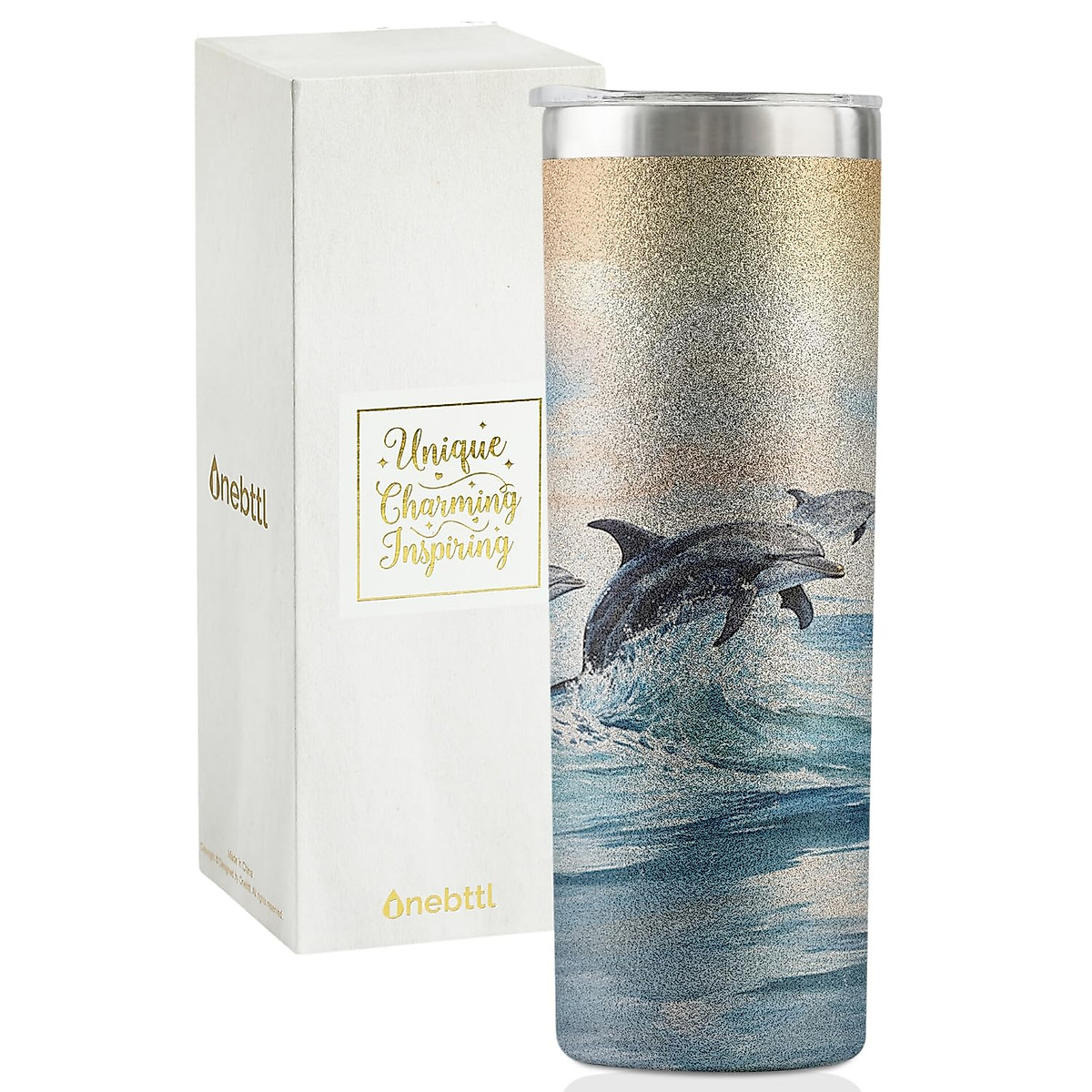 Onebttl Dolphin Gifts for Women, 20oz Stainless Steel Tumbler with Lid and Straw - Glitter Sunset Dolphin
