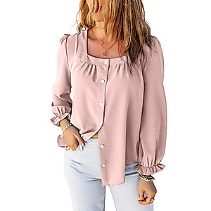 Dokotoo Womens Ladies Elegant Bell Long Sleeve Summer Fall Tops Square Neck Button Down Chiffon Office Work Shirts and Blouses for Women Fashion 2023 Casual Loose Shirts Pink Medium