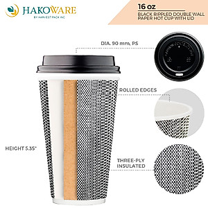 [85 SET]Harvest Pack 16 oz Disposable Coffee Cups, Insulated Ripple Double-Walled Paper Cup with Lid, Black and White Geometric, Tea Hot Chocolate Drinks To go coffee cups