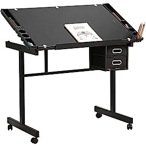 Need Adjustable Drafting Table with Tilted Tabletop, Art Table with 2 Storage Drawers for Writing Art Craft Work Station Black,UT-DT1033-BK-ND