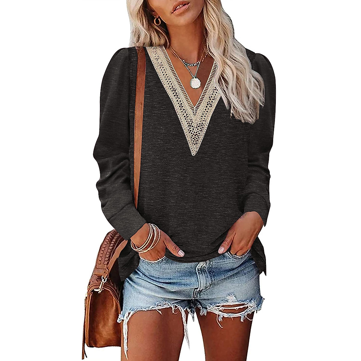 ZESICA Women's 2024 Casual Long Sleeve T Shirts Lace V Neck Trendy Basic Tops Summer Fall Tee Blouse,Black,Medium