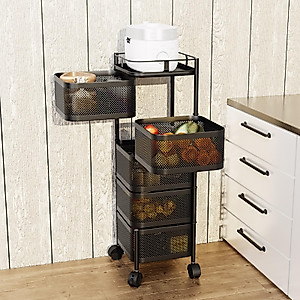 Rotating Storage Rack for Kitchen, 5-Tier Removable Basket Shelf Organizer on Rolling Wheels Rolling Shelf for Fruit Vegetable Grocery Corns Onion Potato, Black Black 5-Layers