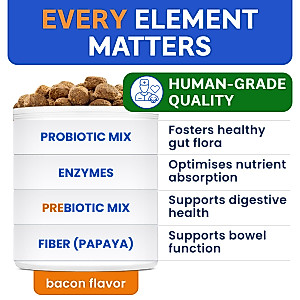 BARK&SPARK Dog Probiotics & Digestive Enzymes (Gut Health) Allergy & Itchy Skin - Pet Diarrhea Gas Treatment Upset Stomach Relief Pill, Digestion Health Prebiotic Supplement Tummy Treat (120Ct Bacon)
