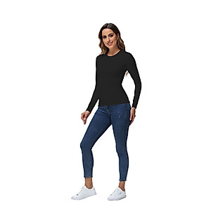 Womens Thermal Tops Long Sleeve Crew Neck Shirts Women's Ultra Warm Underwear for Cold Weather Black-L