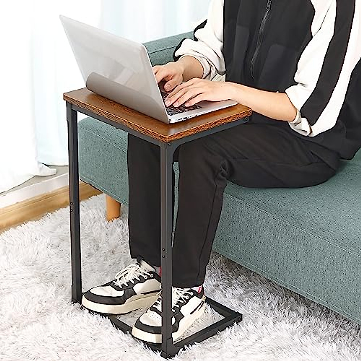 Fixwal C-Shaped End Table, Side Table for Sofa, Vintage Accent Couch Table with Metal Frame for Coffee Snack Laptop