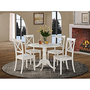 East West Furniture DLBO5-WHI-W 5 Piece Kitchen Table Set for 4 Includes a Round Dining Room Table with Dropleaf and 4 Solid Wood Seat Chairs, 42x42 Inch, Linen White