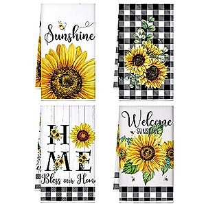 Bencailor 4 Pcs Sunflower Kitchen Towels Lemons Cat Kitchen Dish Towels Kitchen Dish Cloths Fast Drying Kitchen Rug Kitchen Decor for Home Cleaning Cooking Baking, 16 x 24 Inch (Classic,Sunflower)