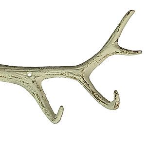 Zeckos Painted Brown and White Cast Iron Deer Antler Wall Mounted Hook Rack Coat Towel Key Hat Hanger - Easy Install - Lodge, Cabin Or Western Décor 16 Inches Long