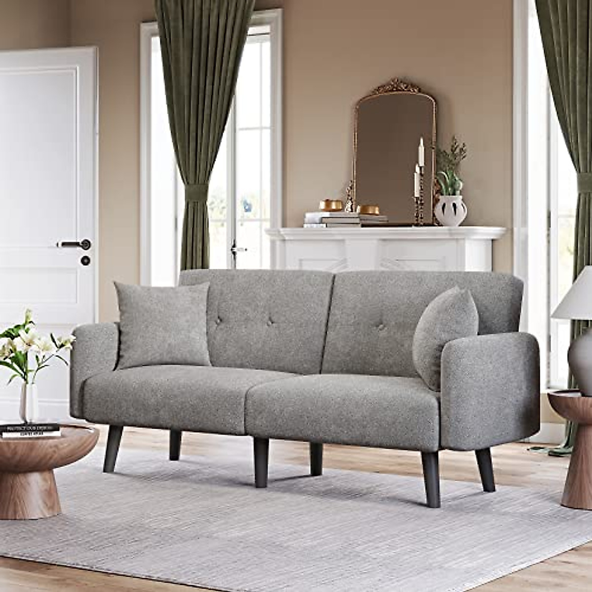 Koorlian Futon Sofa Bed, Convertible Sleeper Sofa with Armrest, Modern Fabric Small Couch, 2/3 Seater Folding Loveseat Couches Bed for Living Room, Dorm, Office, Adjustable Splitback, 2 Pillows, Grey