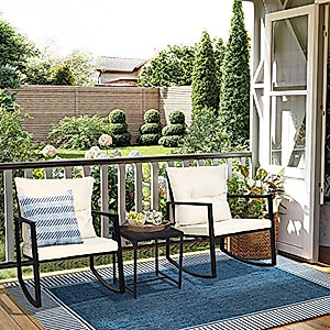 SUNCROWN 3 Piece Outdoor Rocking Bistro Set Black Wicker Furniture Porch Chairs Conversation Sets with Glass Coffee Table, Beige