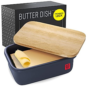Farmhouse Butter Dish with Lid for Countertop - Butter Stick Holder Container with Freshness Seal - Bamboo Lid Cutting Board Butter Keeper - Butter Crock for Counter - Covered Butter Dish - Gray -23oz
