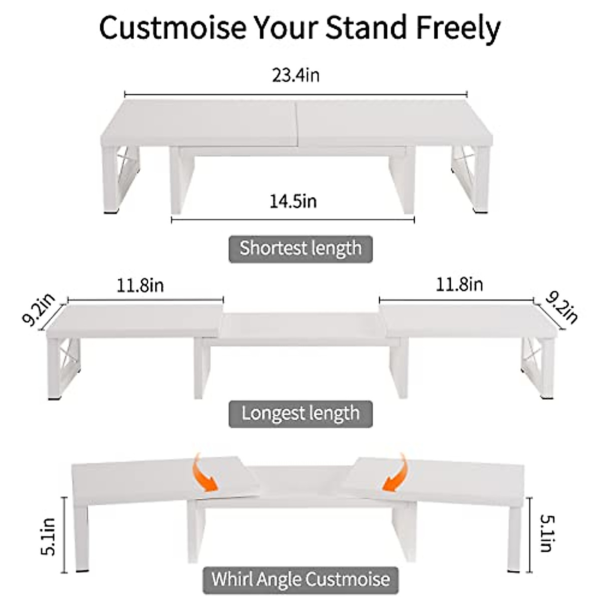 Giikin Dual Monitor Stand Riser - Office Desktop Organizer, Angle & Length Adjustable, 3 Shelf, Multifunctional Stand for Computer, Laptop, PC, TV (White)