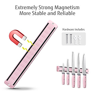 hecef Kitchen Knife Set with Magnetic Strip, 6 pcs Professional Knives Set for Kitchen, 13-inch Magnetic Strip Stainless Steel Sharp Chef Knife Set with Pink Handle for Cutting Meat & Vegetable