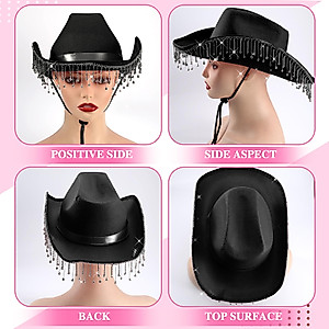 Leumoi 3 Pcs Rhinestone Cowgirl Hat with Fringe Rhinestone Bandana and Heart Sunglasses Bling Diamond Fringe Cowboy Hat (Black)