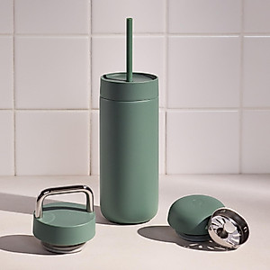 Fellow 16 oz Carter Bundle (3 in 1) Travel Mug with Carry Handle, Move & Cold Lids with Straw - To-Go Coffee Tumbler, Ceramic Interior & Vacuum-Insulated Stainless Steel - Coffee Cups-Smoke Green