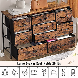 Furnulem Wide Dresser with 9 Large Drawers for 55'' Long TV Stand Entertainment Center,Wood Shelf Storage for Bedroom,Living Room,Closet,Entryway,Sturdy Metal Frame (Rustic Brown