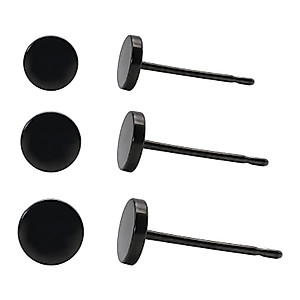 FACOKO Titanium Flat Earrings, Hypoallergenic Stud Earrings for Sensitive Ears, Women Men Round Disc Earrings, 6mm Black Surgical Steel Earrings Stud(6mm, Black)
