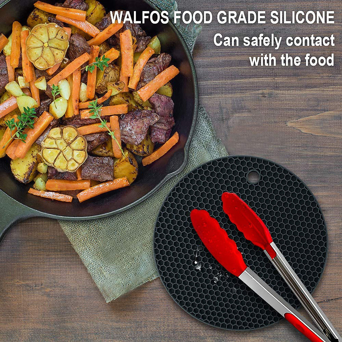 Silicone Trivet Mats - Walfos Heat Resistant Pot Holders Set, 4pcs 2 Sizes 7 Inch & 9 Inch, Multipurpose Non-Slip Hot Pads for Hot Pot, Hot Dishers, Jar Opener, Food Grade & BPA Free (Black)