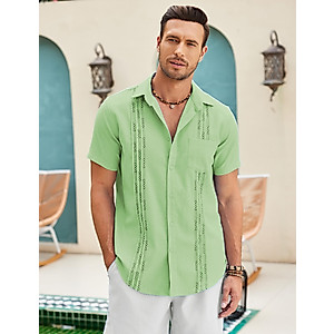 COOFANDY Mens Cuban Guayabera Shirt Linen Short Sleeve Shirts Regular Fit Summer Beachwear Light Green