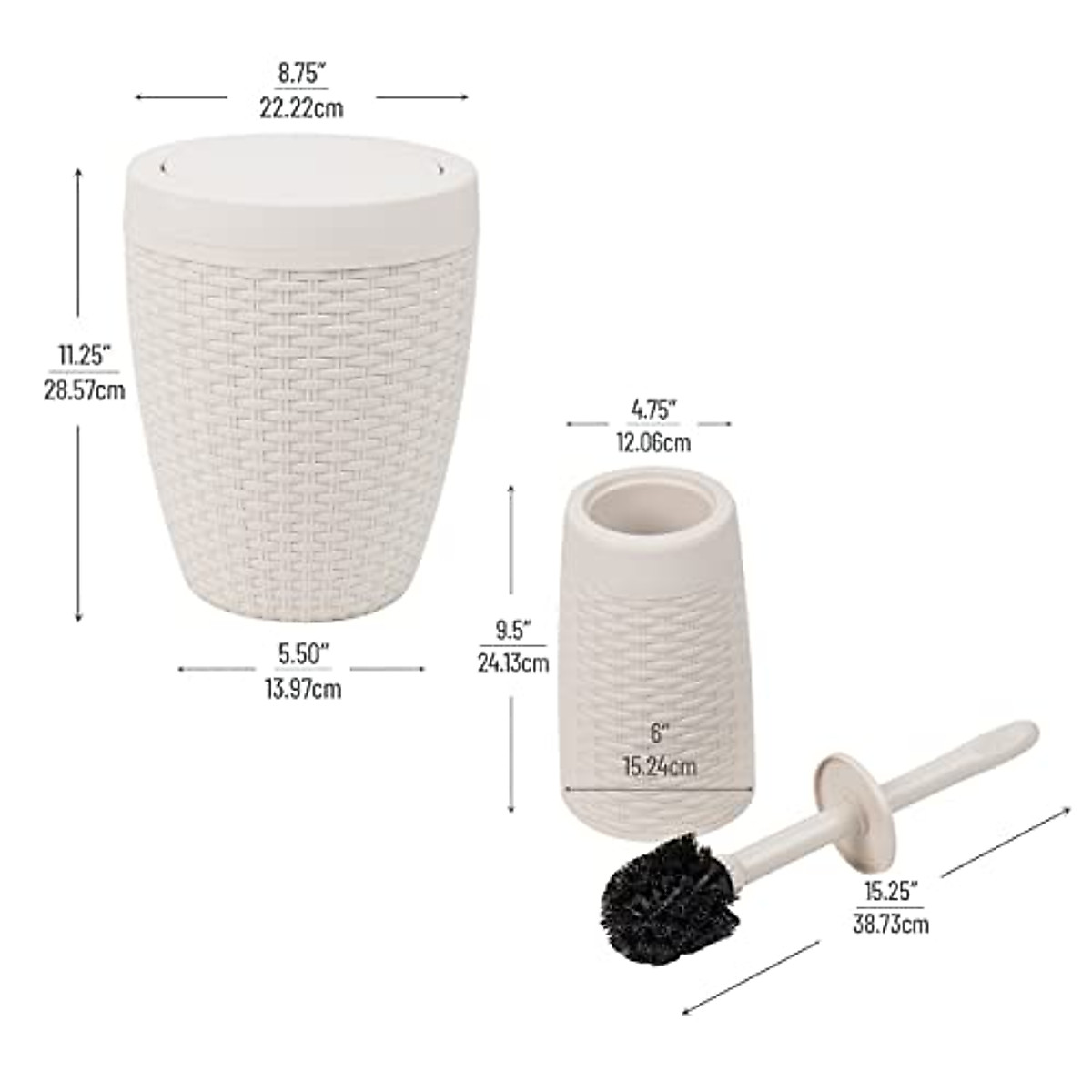 Mind Reader Basket Collection, Round Wastepaper Basket and Toilet Brush Set, Premium Wicker Design, 2 Piece Set, Swivel Lid Bin is 8.75"W x 11.25"H, Brush is 15.25"H, 8.75"L x 8.75"W x 11.25"H, Ivory