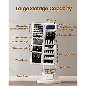 Hzuaneri 8 LEDs Jewelry Cabinet, 42.5" Tall Frameless Mirror Jewelry Armoire, Freestanding Makeup Jewelry Storage with 1 Drawer, 5 Shelves, Jewelry Organizer, White and Black JC14803B