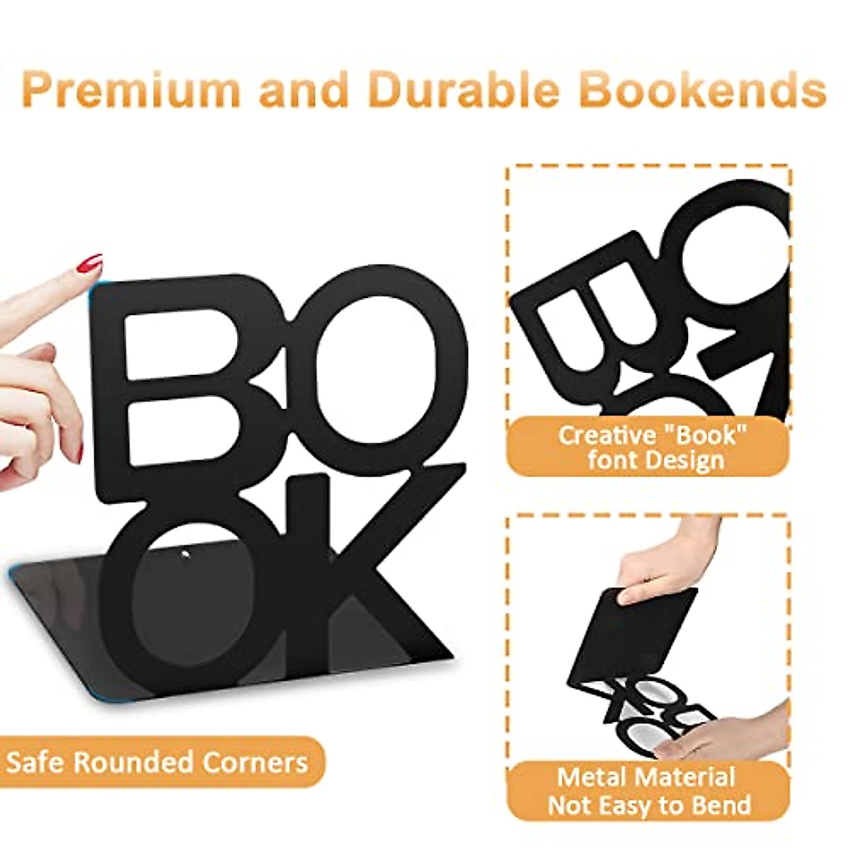 Metal Decor Bookends for Shelves, Cute Book Stopper Ends for Bookshelf Bookcase Holder Organizer for Kids Adult, Spiral Sketchbook, Scrapbook, CD DVD in Home Office Library(4 Pack)