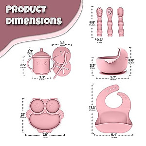 GIVWATER Owl-Themed Baby Led Weaning Supplies with Reusable Travel Cooler Bag, 16 pcs Silicone Baby Feeding BLW Set (Light Pink)