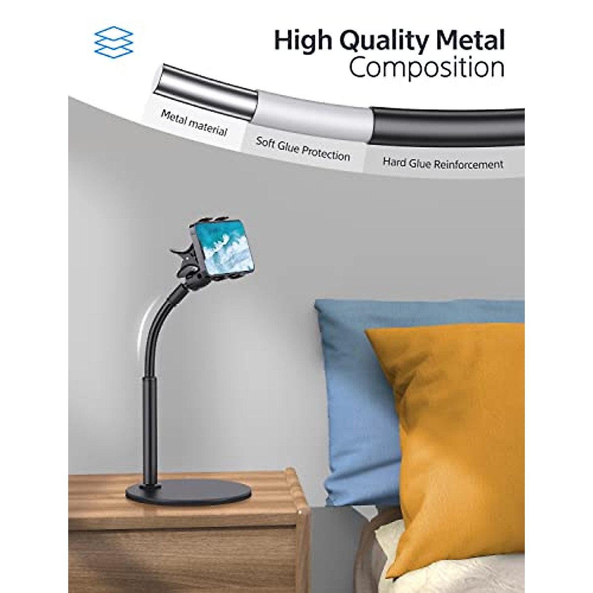 Cell Phone Stand, Gooseneck Flexible Arm Universal Phone Holder, Angle Height Adjustable Phone Stand for Desk, Lazy Bracket Holder, Aluminum Alloy Phone Holder Compatible with 3.5"-6.7" Devices(Black)