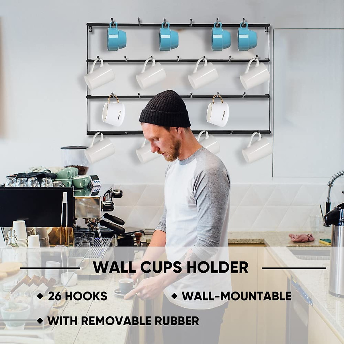 Ejoyous Coffee Mug Rack Wall Mounted, 30 Hooks Metal Mug Holder Coffee Cup Hanger Storage Rack Display Organizer for Coffee Mugs, Tea Cups, Mason Jars(4 Tier)