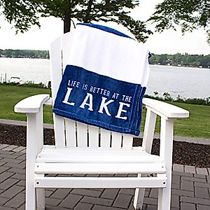 Pavilion Gift Company Life is Better at The Lake-Blue & White Super Soft 50 x 60 Inch Striped Throw Embroidered Text 50" x 60" Royal Plush Blanket, Blue