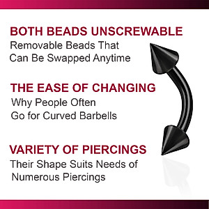 bodyjewellery 6pcs 16g Curved Barbell Cartilage Lip Tragus Eyebrow Forward Helix Conch Daith Earring Black Vertical Labret Spike - 10mm