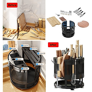 Knife Holder for Kitchen Counter, Rotating Universal Knife Block Without Knives 3 in 1 Multi-function Knife Block Set Flatware Utensil Drying Rack Cutting Board Organizer with Drain Tray and hooks