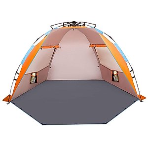 Oileus X-Large 4 Person Beach Tent Sun Shelter - Portable Sun Shade Instant Tent for Beach with Carrying Bag, Stakes, 6 Sand Pockets, Anti UV for Fishing Hiking Camping, Waterproof Windproof, Orange