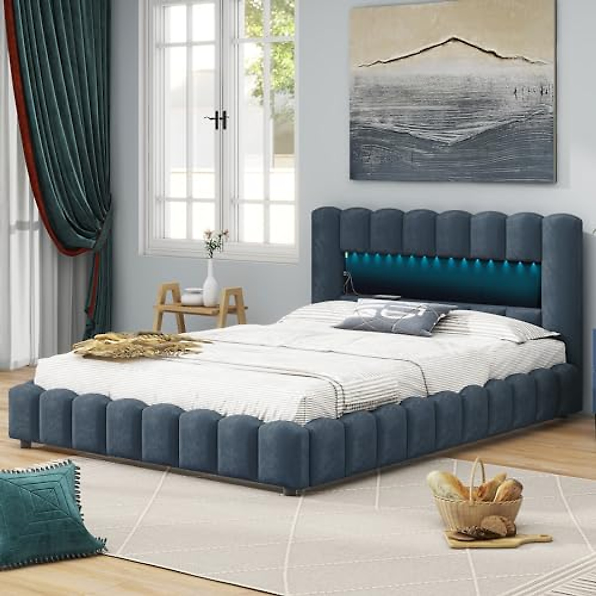 HAUSHECK Upholstered Bed Frame Queen Size with Large Underneath Storage, LED Headboard and USB Ports, Queen Floor Bed Frame w/Wooden Slats Support, Modern Platform Bed No Box Spring Needed