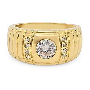 The Bling Factory Large 23mm 14k Gold Plated Notched CZ Band w/Round CZ Solitaire Ring, Size 7.5