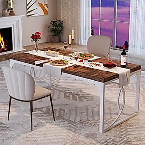Tribesins Rectangular Dining Table, 63-inch Wood Kitchen Table with Strong Metal Frame, Industrial Large Long Dining Room Table for 4-People Family (Walnut and White)